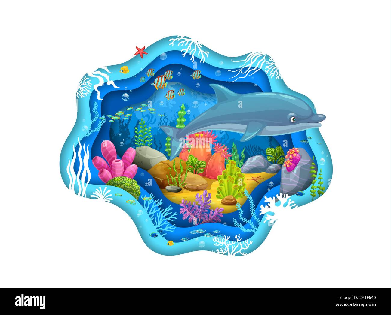 Cartoon dolphin at underwater paper cut landscape. Vector wavy frame ...