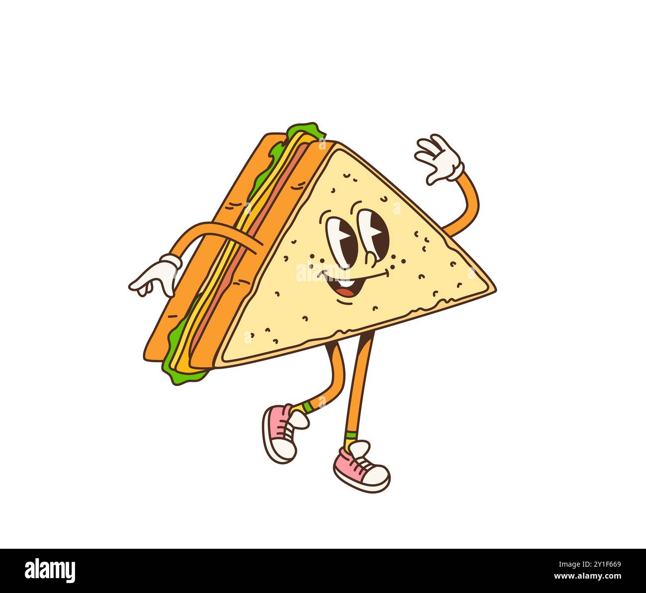Retro cartoon groovy breakfast sandwich character walking with waving ...