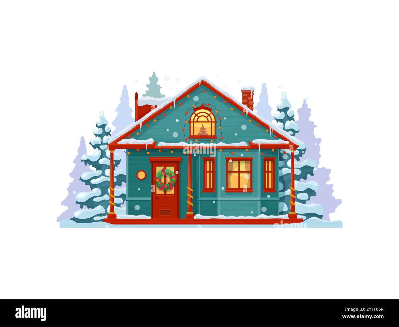 Cartoon Christmas winter house facade exterior. Snowy home building ...