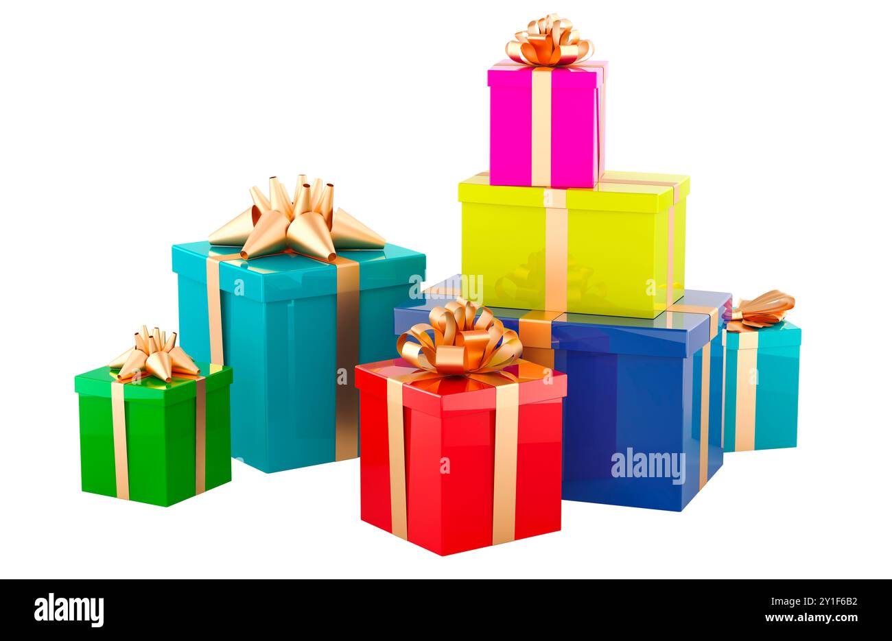 Many colored Gift Boxes with bows and ribbons, 3D rendering isolated on ...