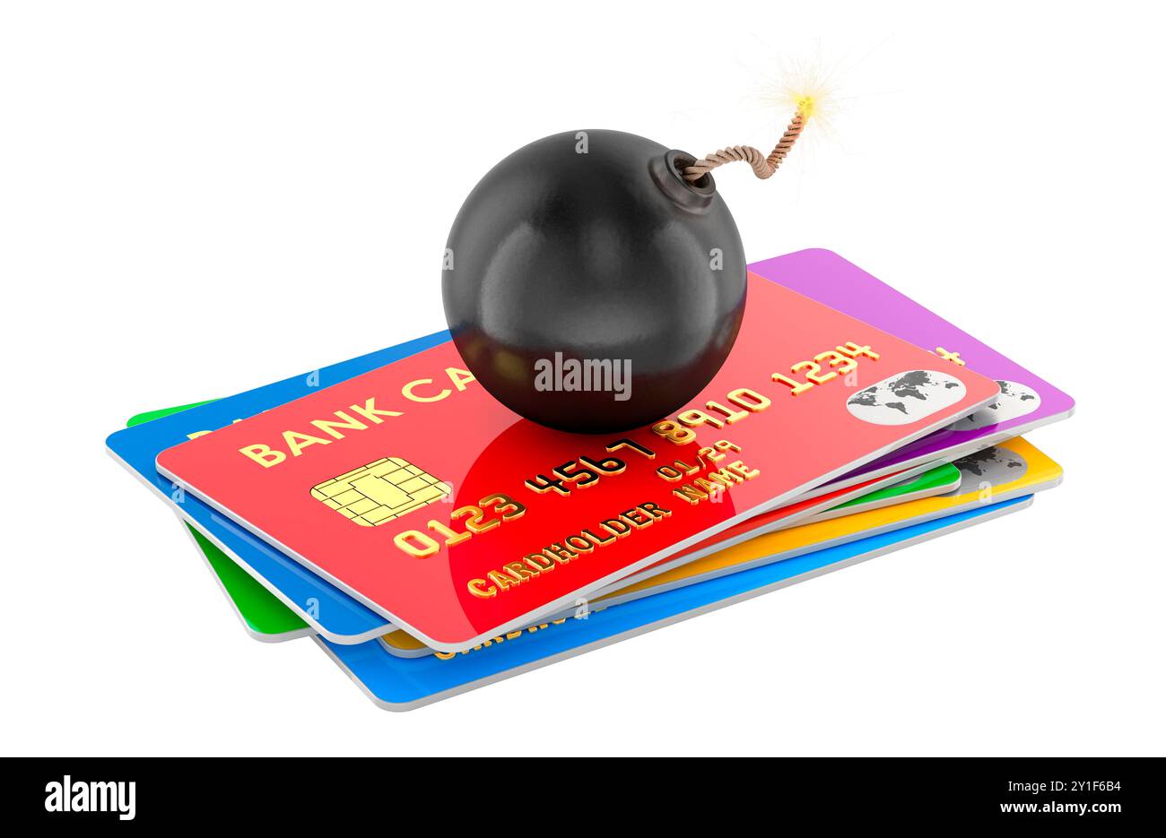 Credit bank cards with Black Burning Bomb. Credit card hacking, concept ...