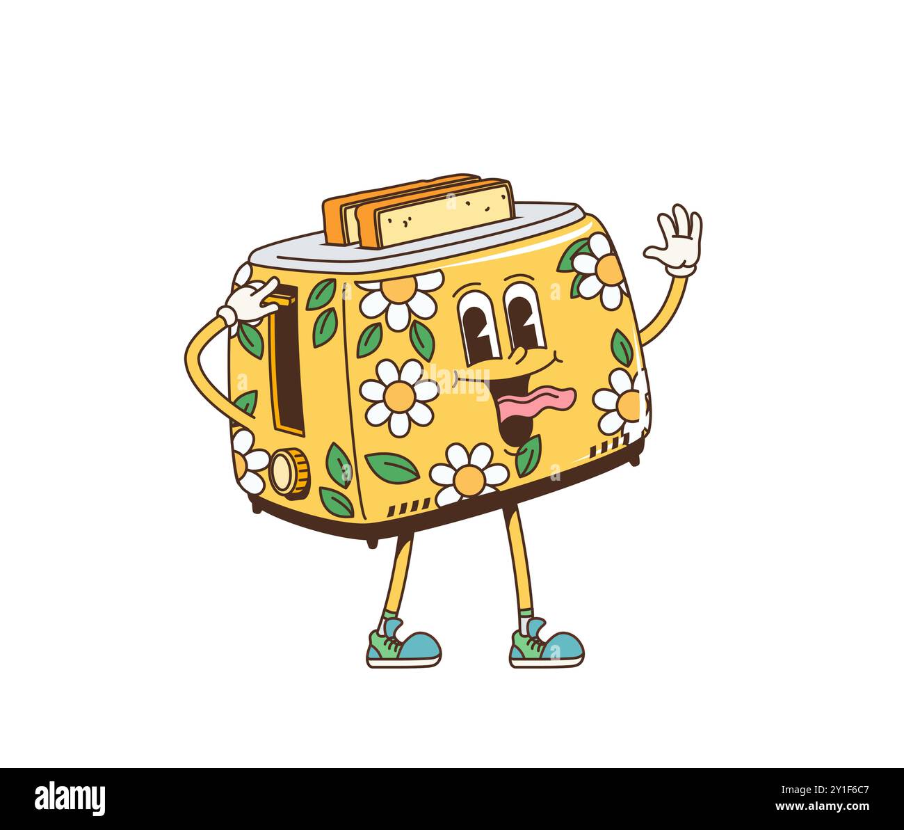 Retro cartoon groovy breakfast toaster character with a smiling face ...