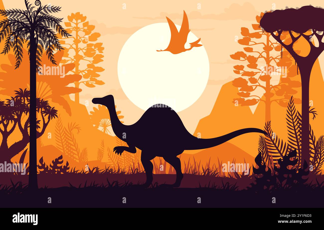 Dinosaur silhouettes in tropical forest. Vector prehistoric scene with ...