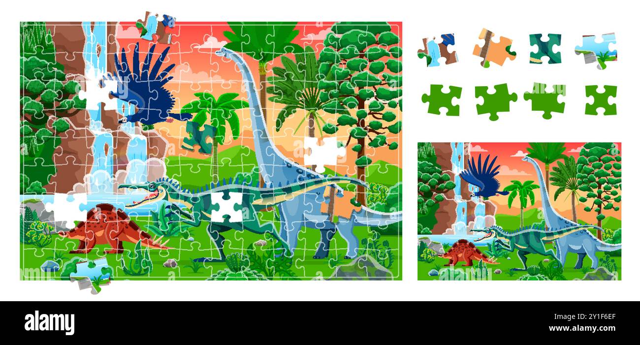 Prehistoric landscape jigsaw puzzle game pieces with cartoon dinosaurs ...