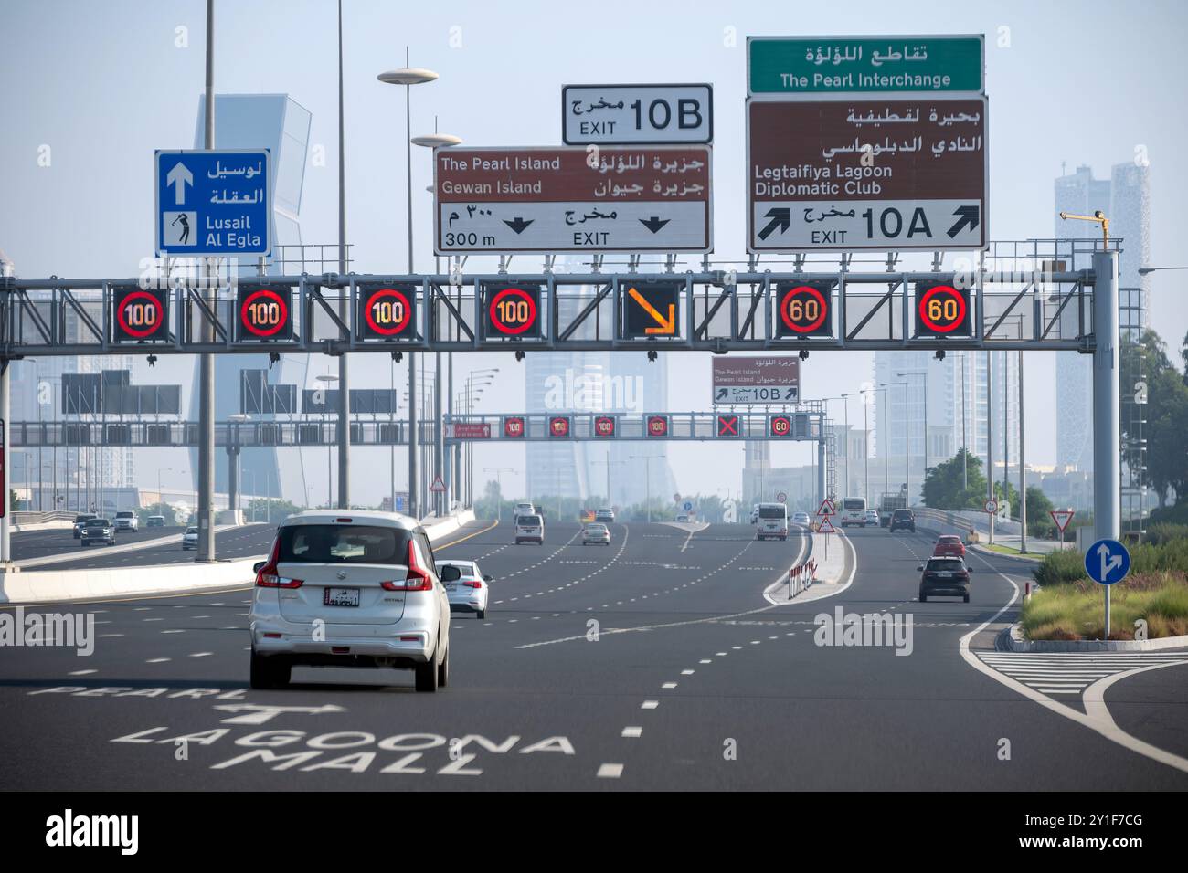 Lusail Corniche Road. Traffic and Sign Boards Stock Photo - Alamy