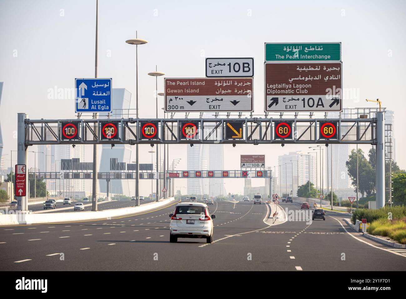 Lusail Corniche Road. Traffic and Sign Boards Stock Photo - Alamy