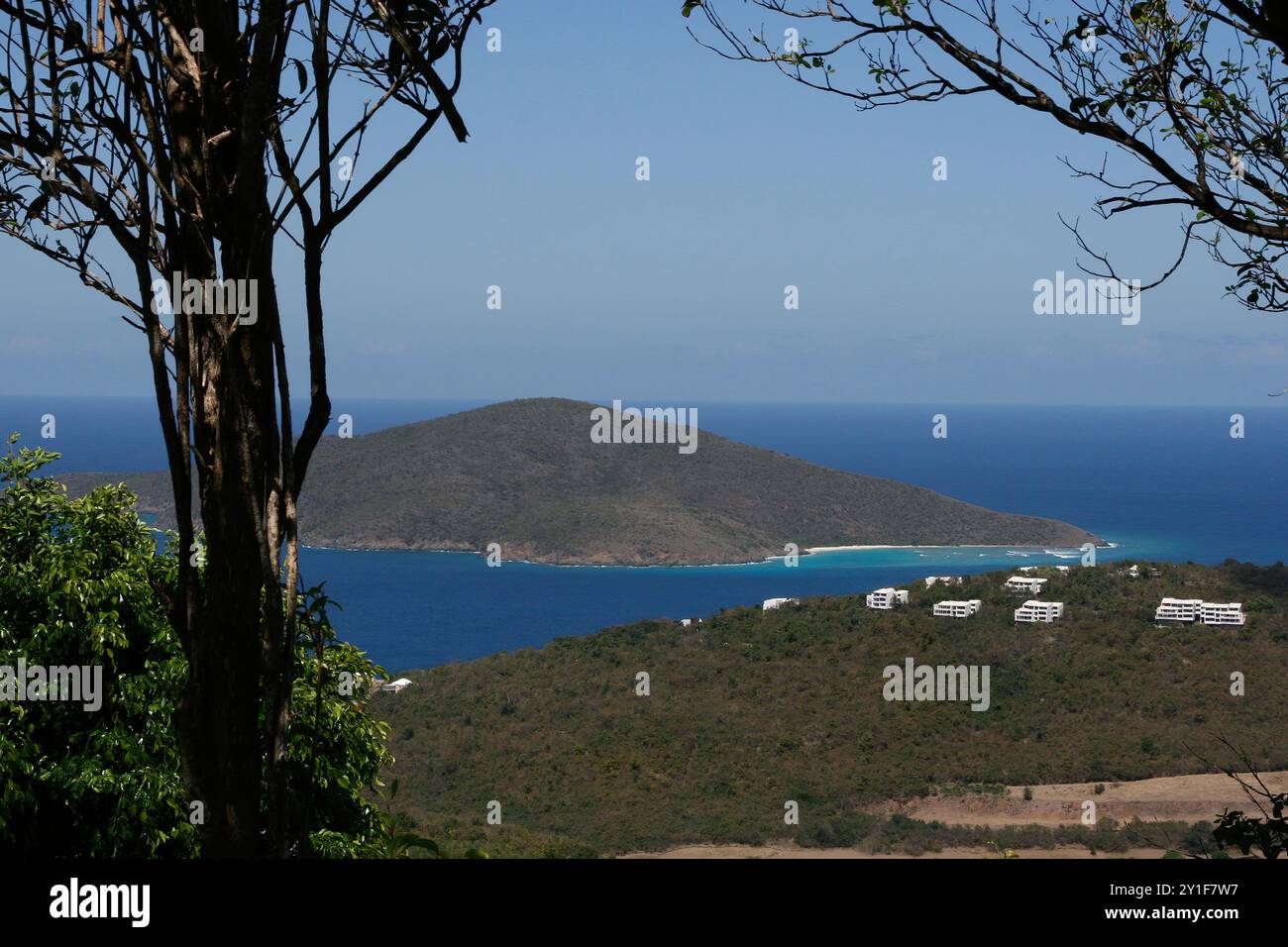 A gorgeous view of St. Thomas from a scenic overlook with a crisp blue ...