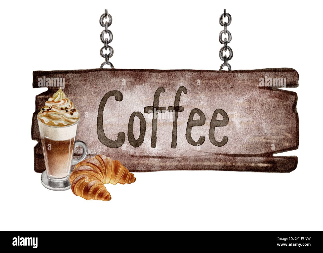 Wooden sign with the inscription coffee, a cup of latte and croissant ...