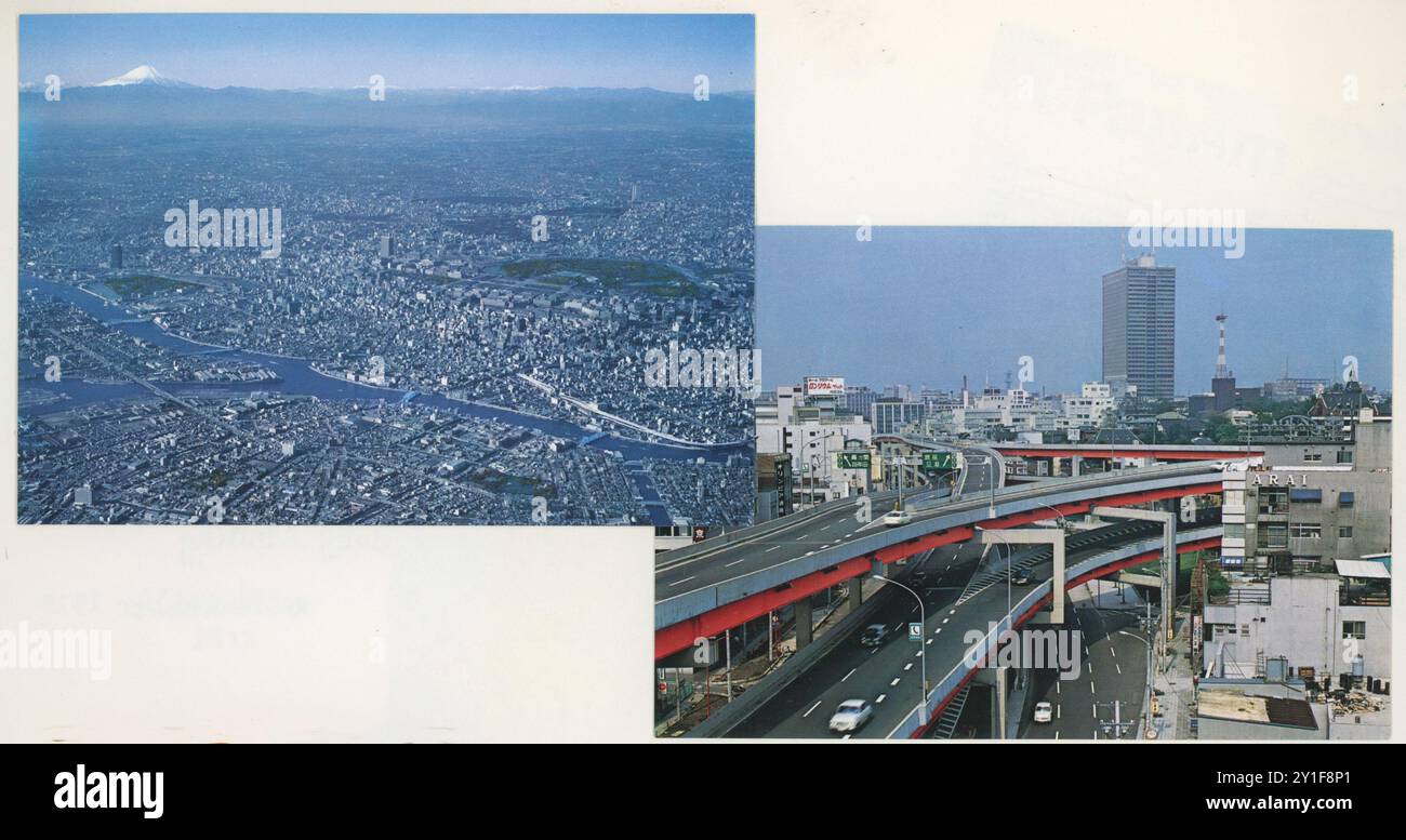 Vintage 1973 post cards featuring Mount Fuji and a freeway system in ...