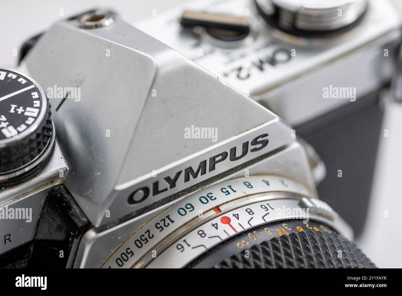 London. UK- 09.03.2024. Close up of a vintage Olympus SLR photography ...
