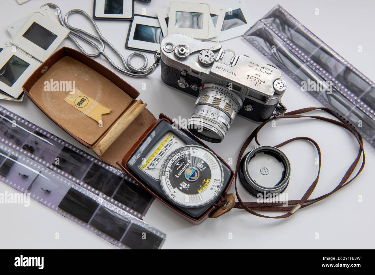 London. UK- 09.03.2024. The vintage classic Leica camera, a light meter ...