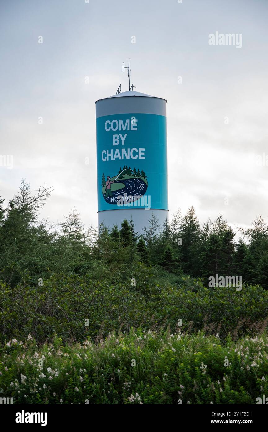 Come by Chance sign on a water tower on the Trans Canada highway in ...