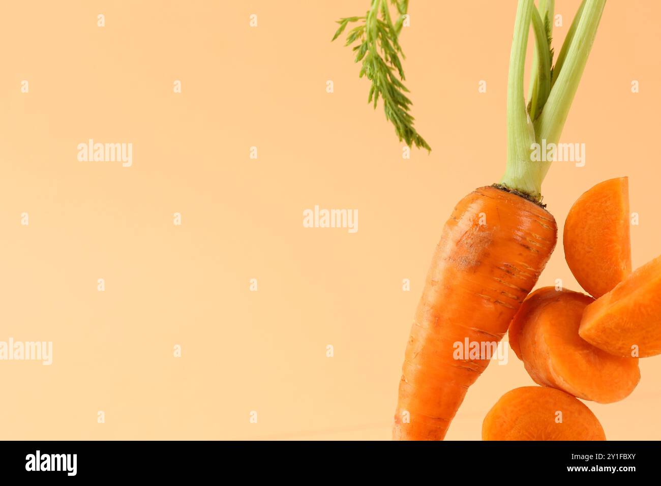 Whole and cut fresh carrots on pale orange background, closeup. Space ...