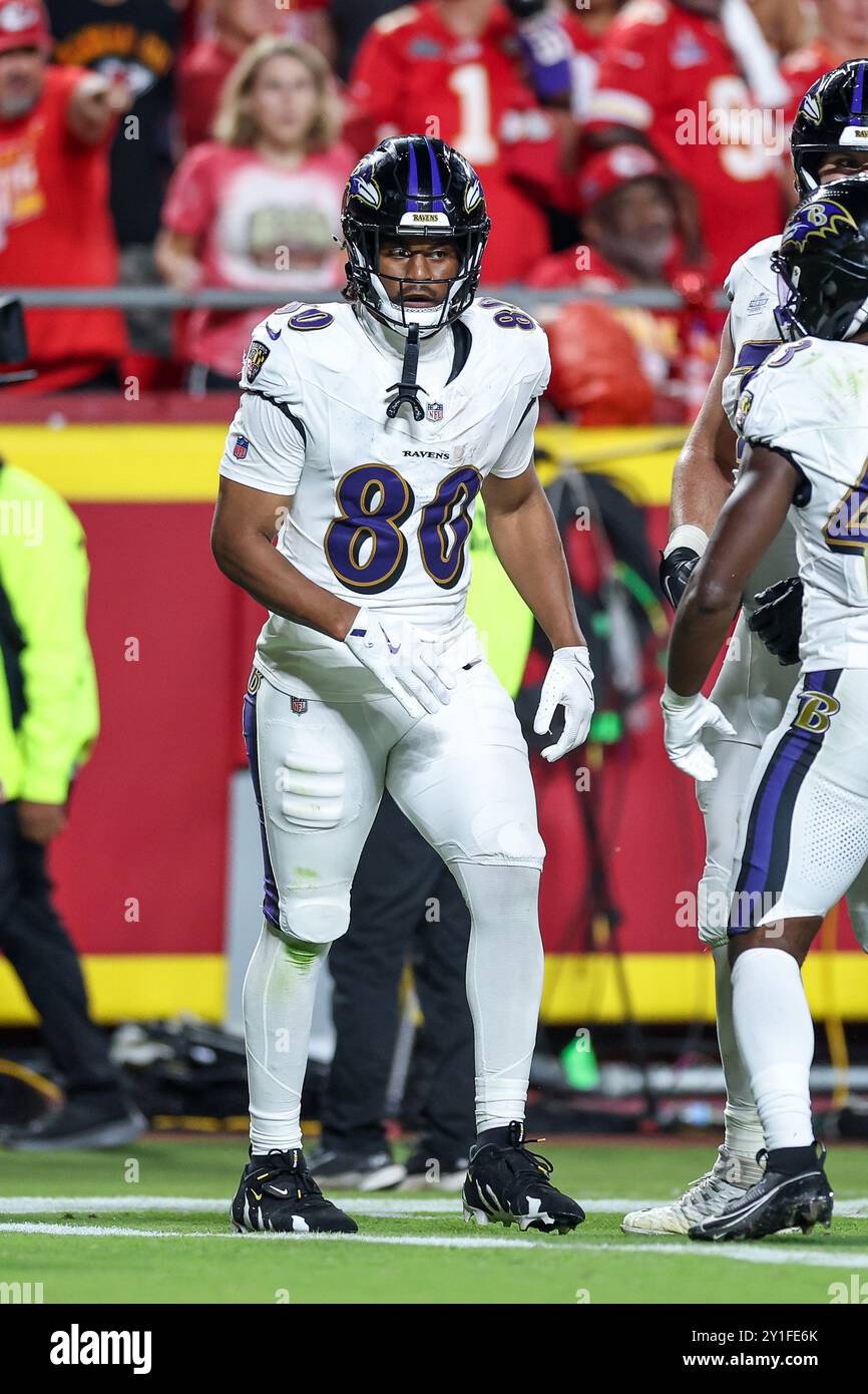 Kansas City, MO, USA. 5th Sep, 2024. Baltimore Ravens tight end Isaiah ...