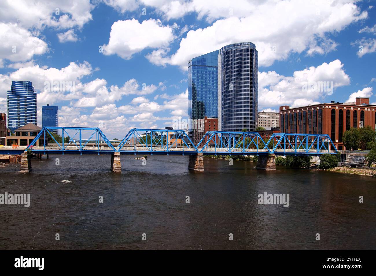 Downtown Grand Rapids Michigan with a view of the river and skyline of ...