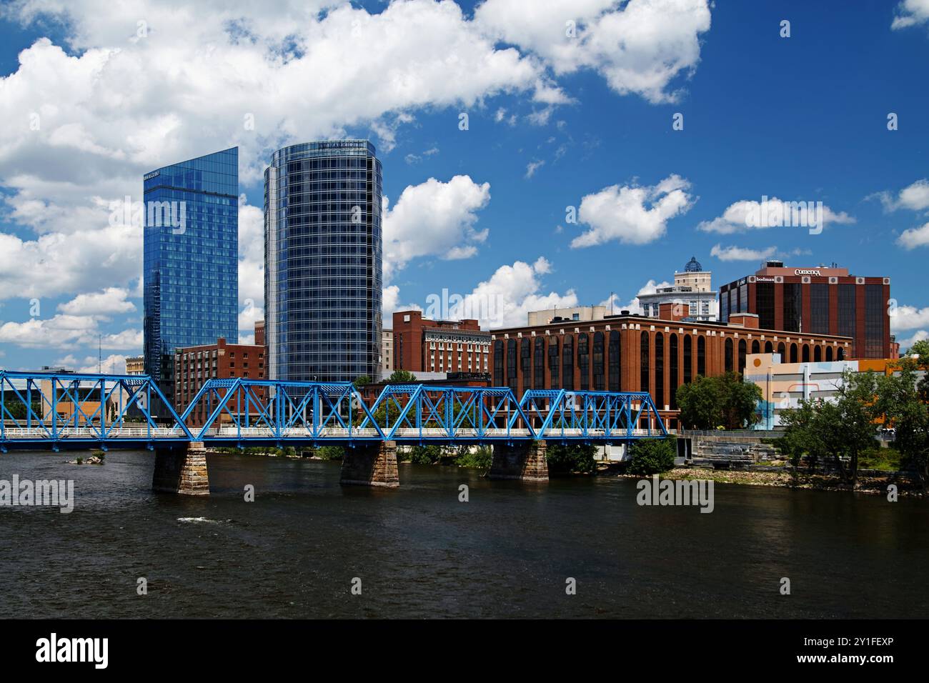 Downtown Grand Rapids Michigan with a view of the river and skyline of ...