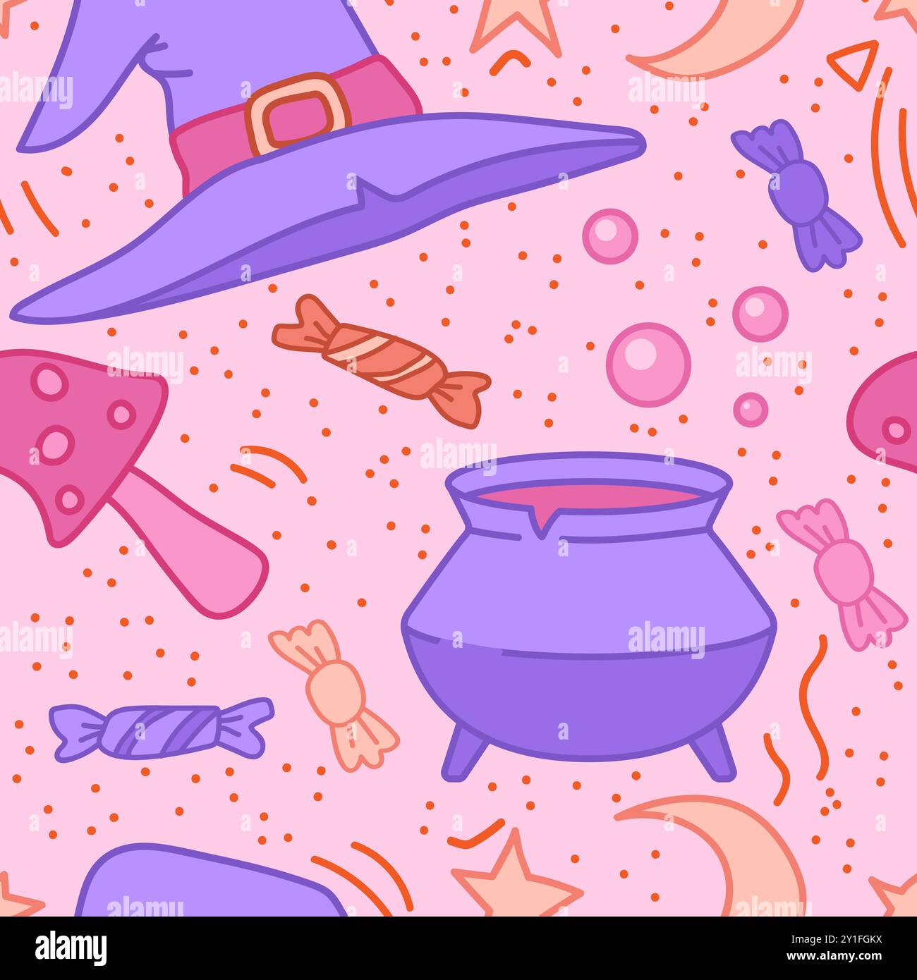 Halloween seamless patter. Witches boiler with potion, candy Stock ...
