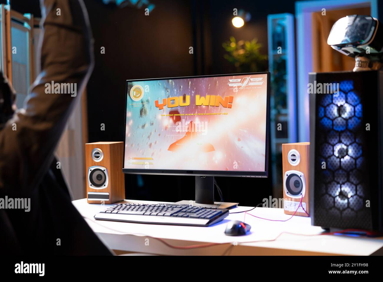 Gamer Losing Intense Singleplayer Spaceship Arcade Racing Videogame