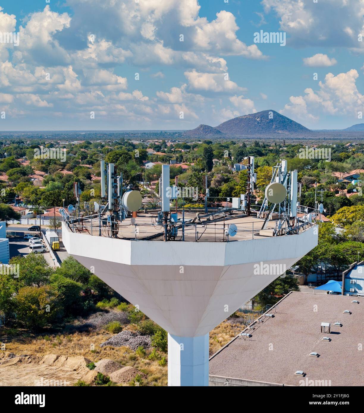aerial view cellular antenna in top of water tower in Gaborone Botswana ...