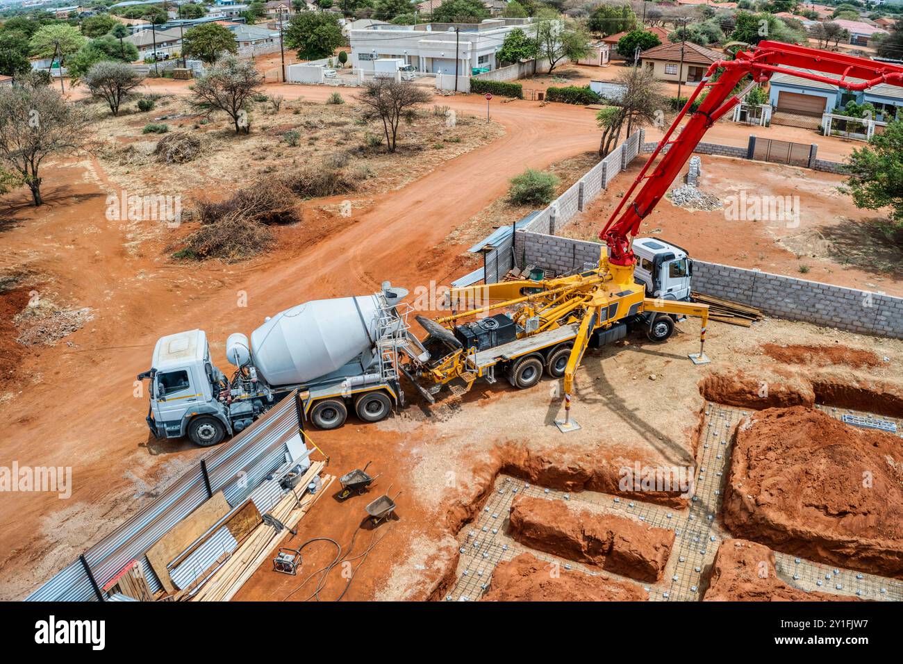 aerial view, concrete pump crane, concrete pumping services truck ...