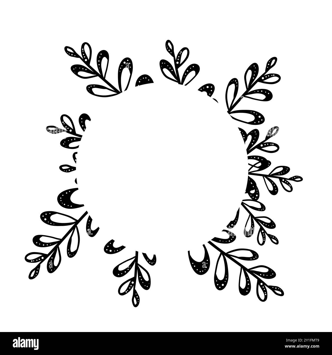 Wreath with twigs and rounded leaves, black and white illustration ...