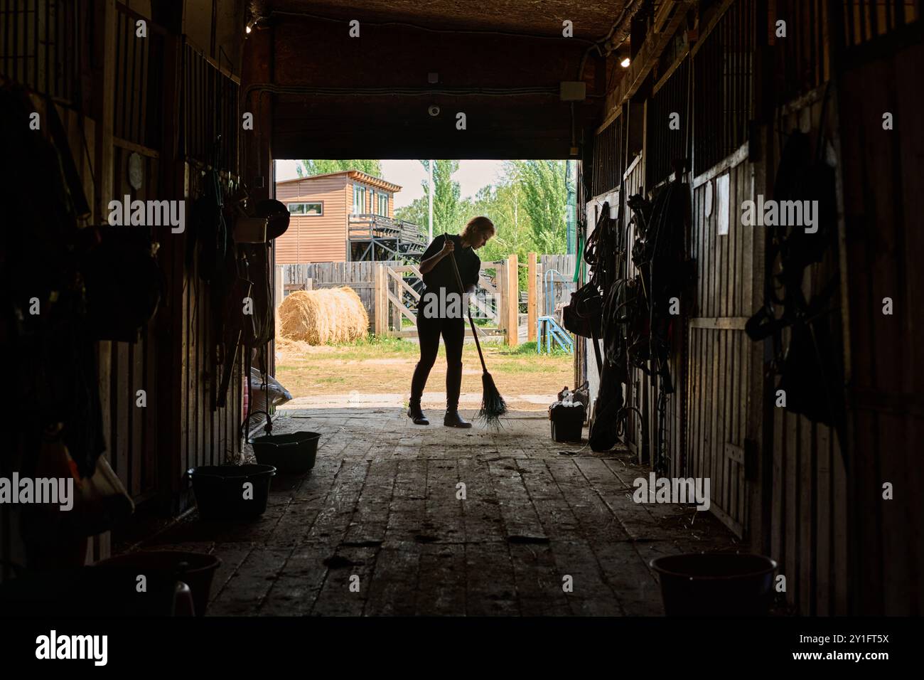 Person in silhouette cleaning barn floor with a broom, surrounded by ...