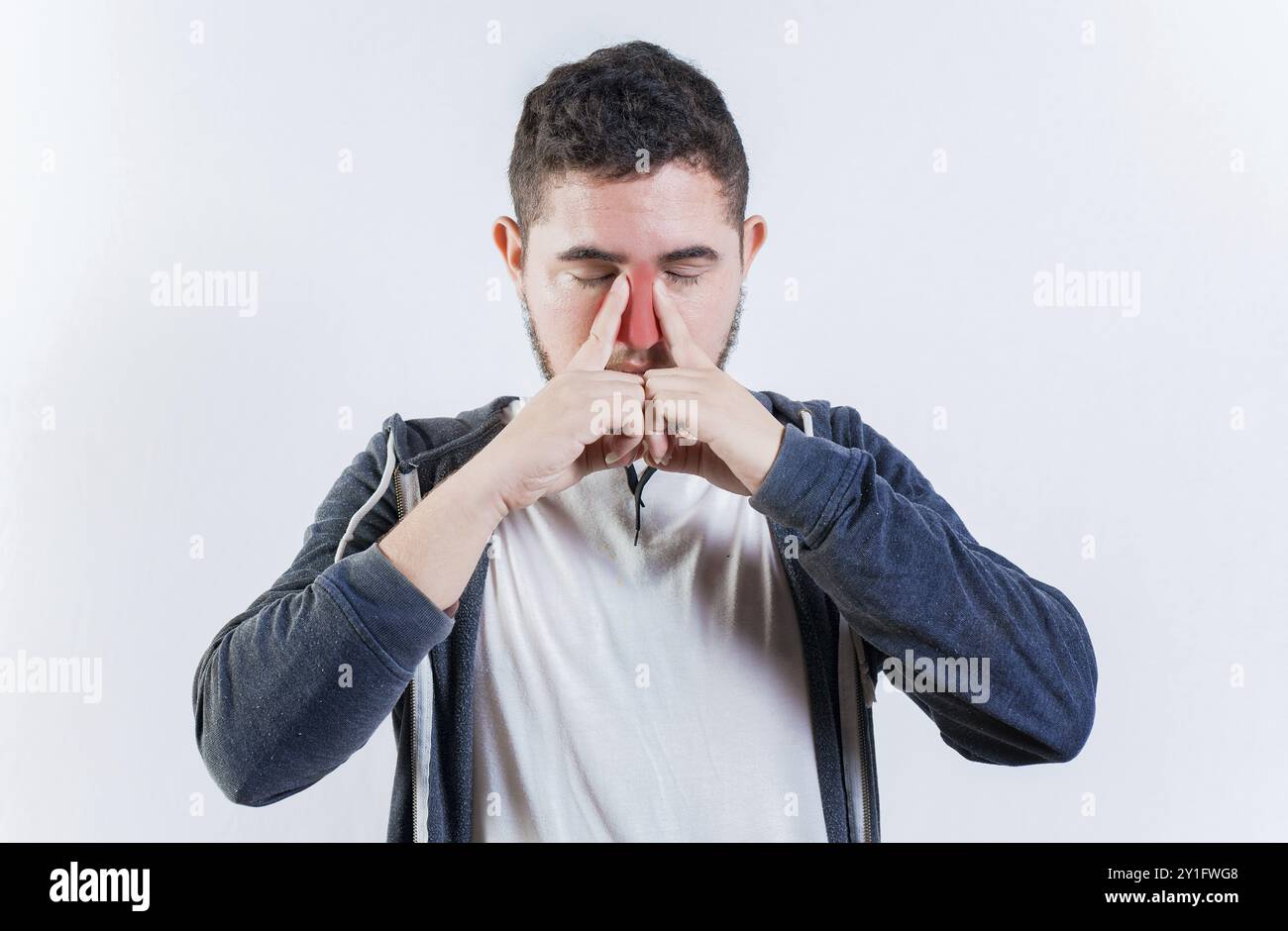 Suffering man with nasal congestion isolated. Sore person suffering ...