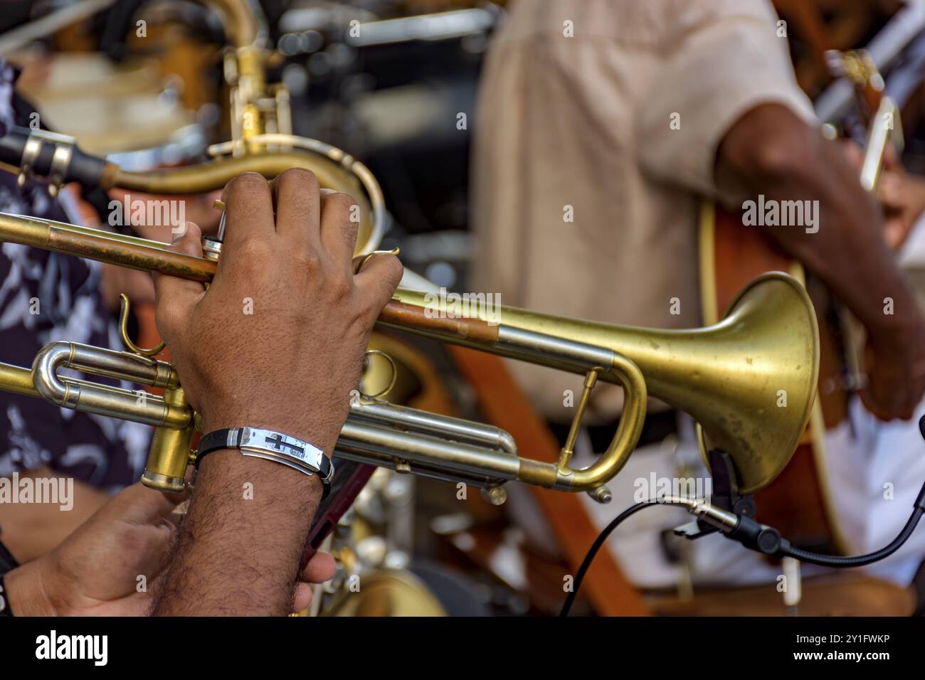 Trumpet player and group of musicians during a musical performance in ...