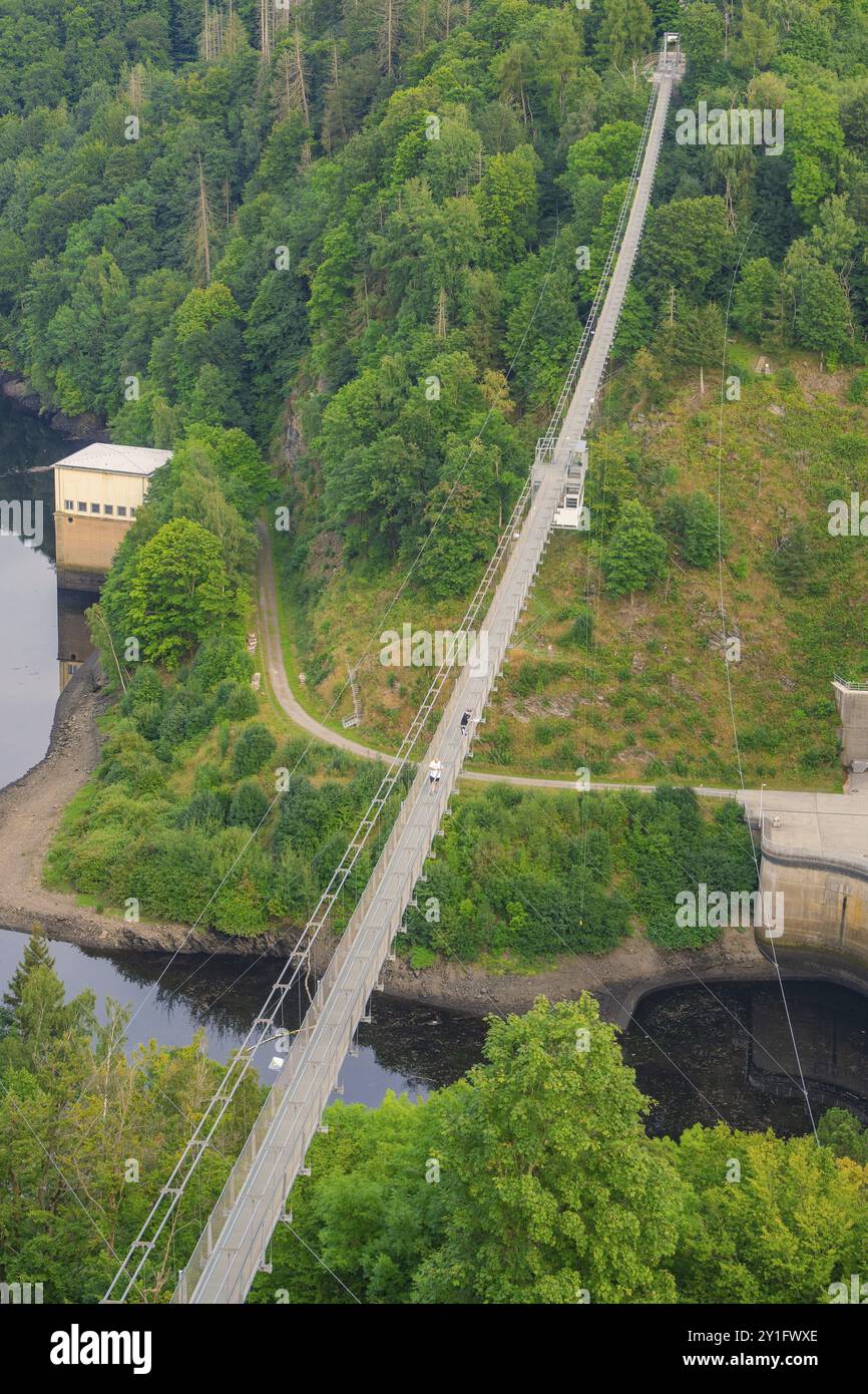Aerial view of a bridge over a river, surrounded by lush forest and a ...