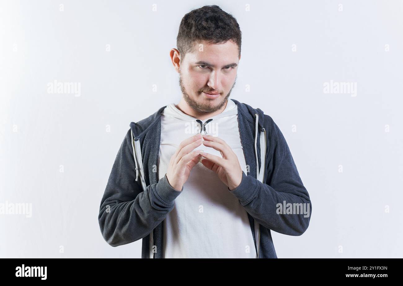 Crafty man rubbing hands isolated. Person rubbing hands planning ...