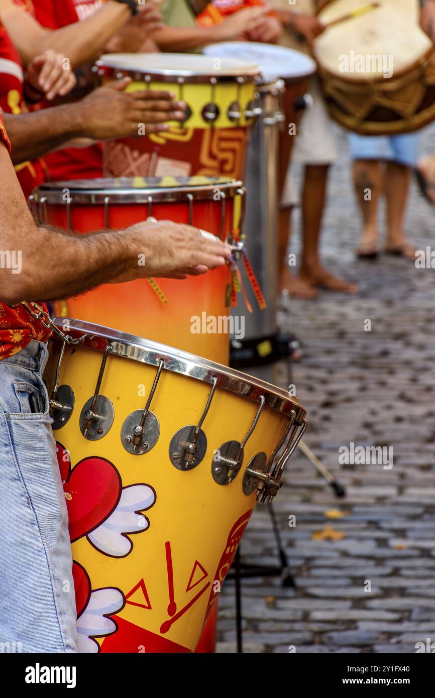 Colorful drums at the street carnival in the city of Recife, Pernambuco ...