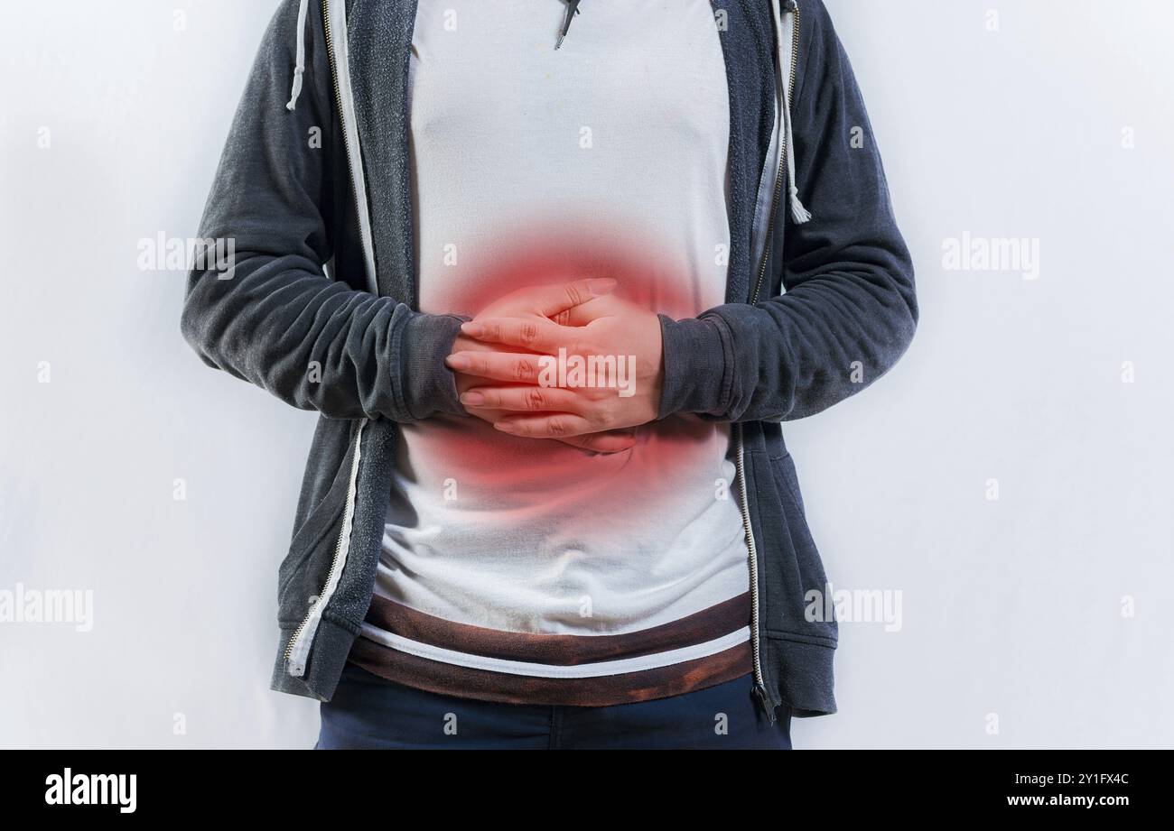 Person with digestive and stomach problems isolated. Unhappy man with ...