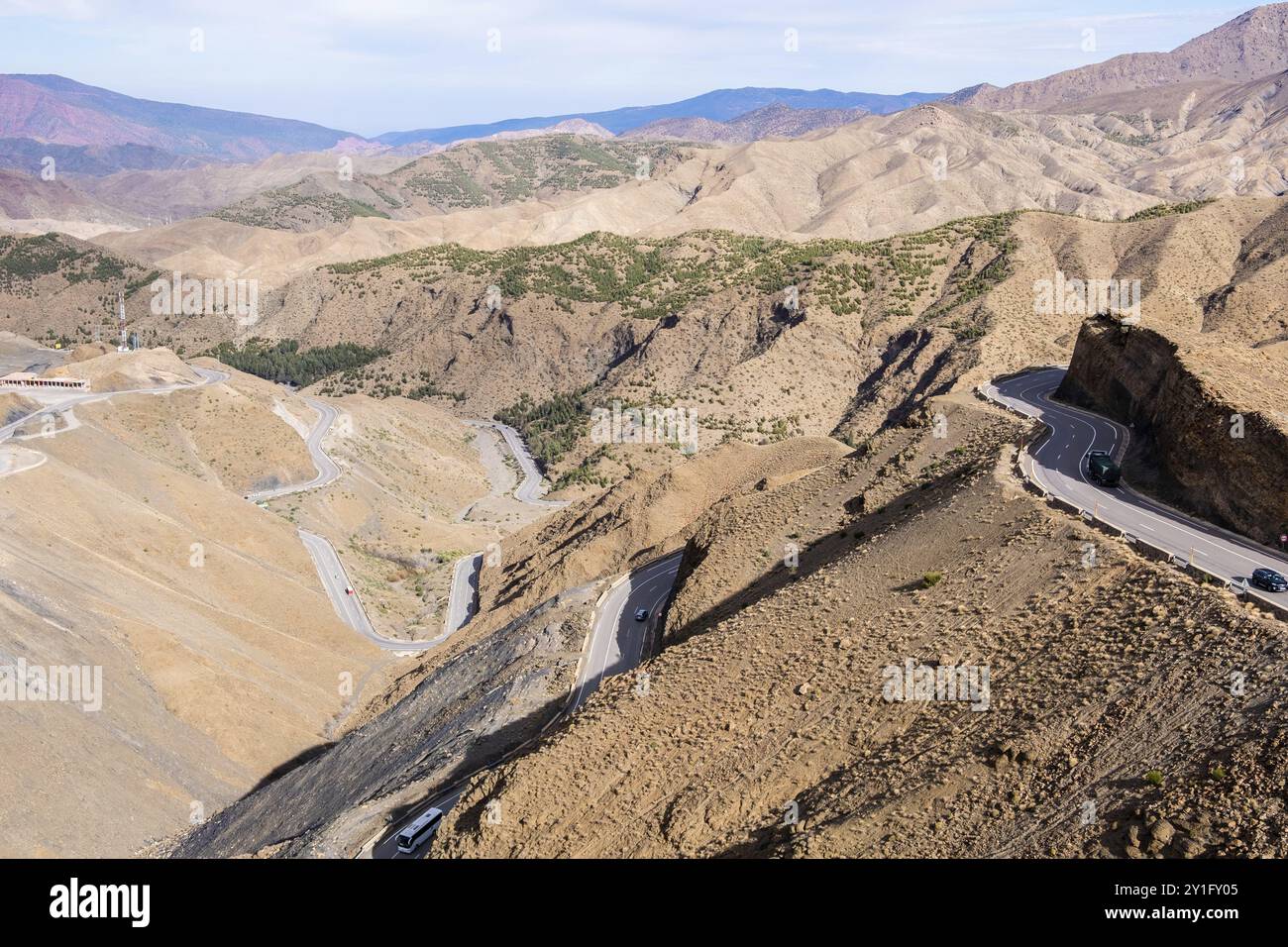 Panoramic view of the Atlas Mountains in Morocco and its curved roads ...