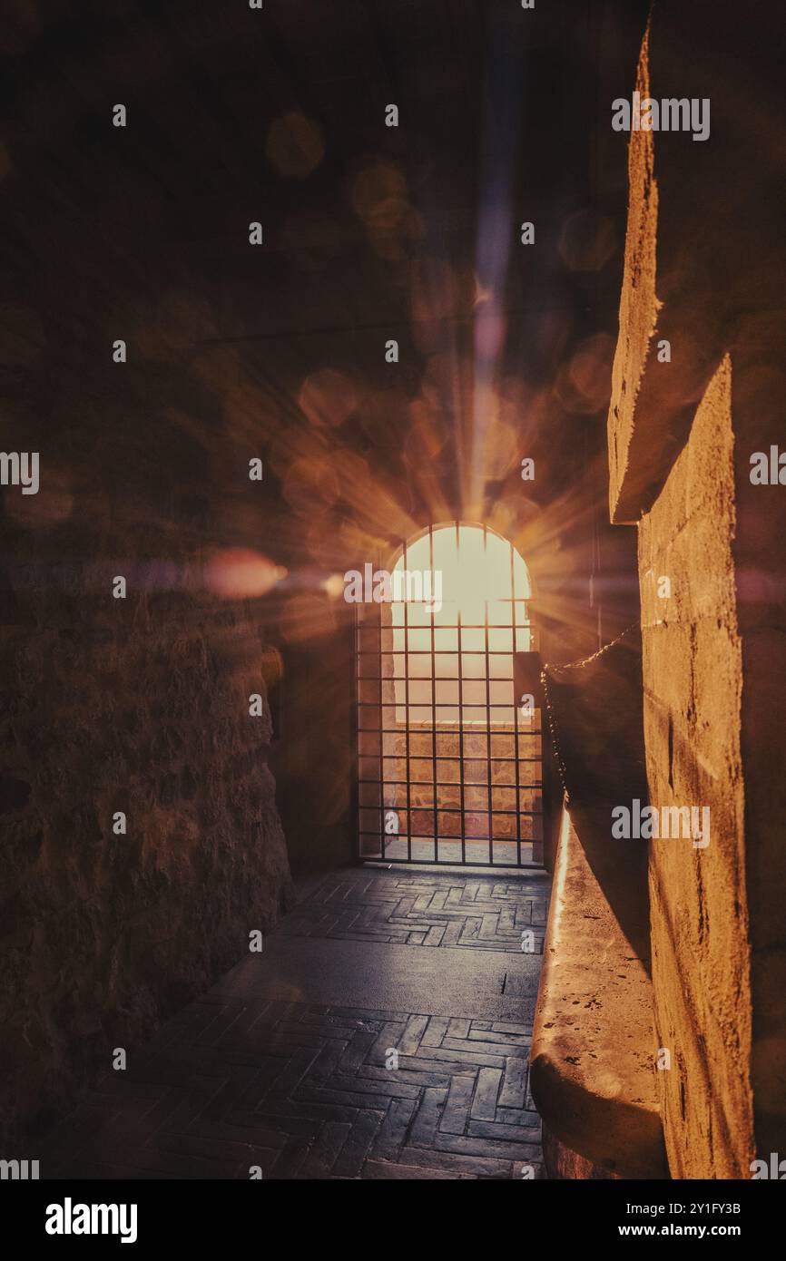 Beautiful sun light inside of an ancient castle near Montalcino ...