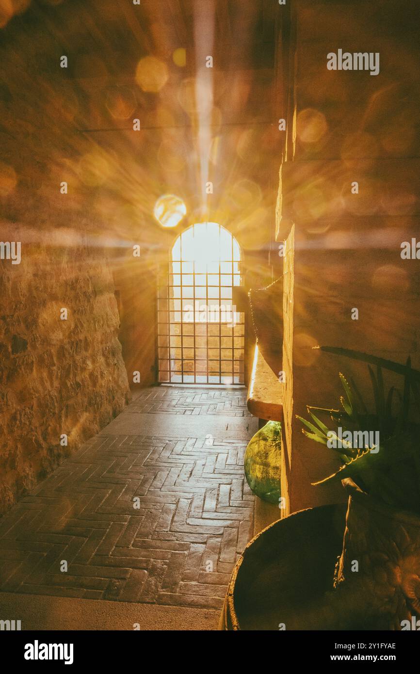 Beautiful sun light inside of an ancient castle near Montalcino ...