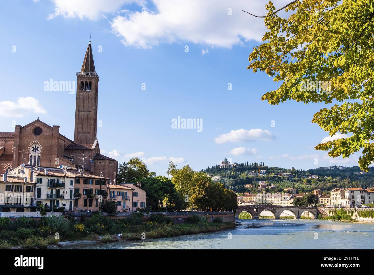 View of Verona historical city centre, Ponte Pietra bridge across Adige ...