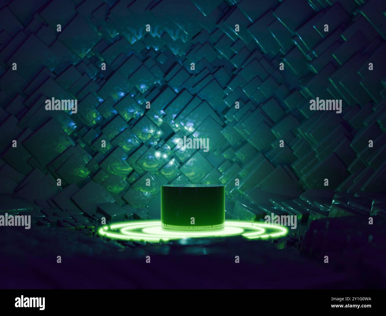 Product stand pedestal with neon lights in the dark, template. Digital ...