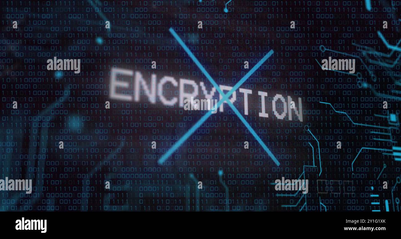 Encryption text image over binary code background Stock Photo - Alamy