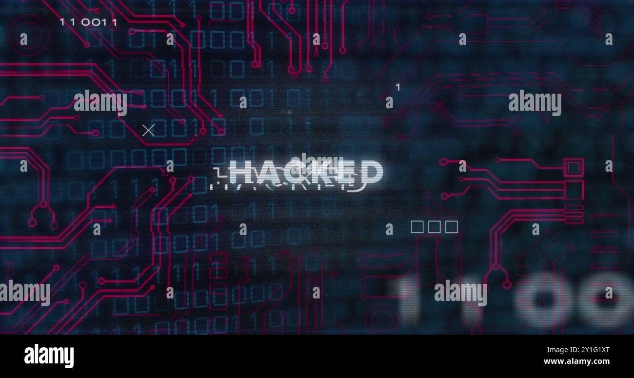 Hacked Text Image Over Digital Circuit Board And Binary Code Background