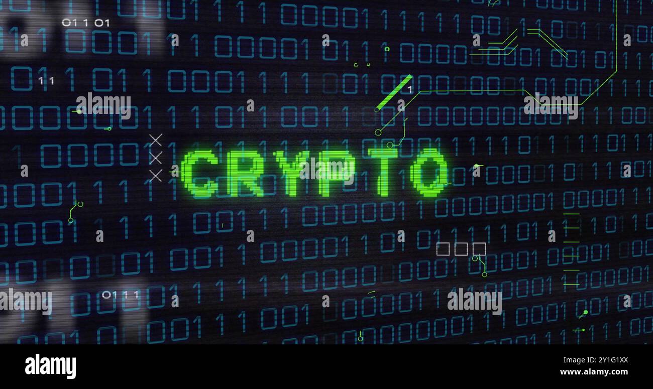 Binary code and CRYPTO text image over digital data background Stock Photo - Alamy