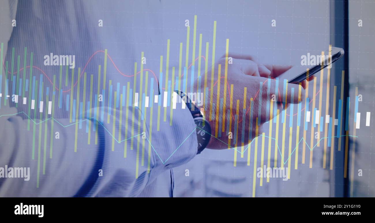 Image of diagrams over businessman using smartphone Stock Photo - Alamy