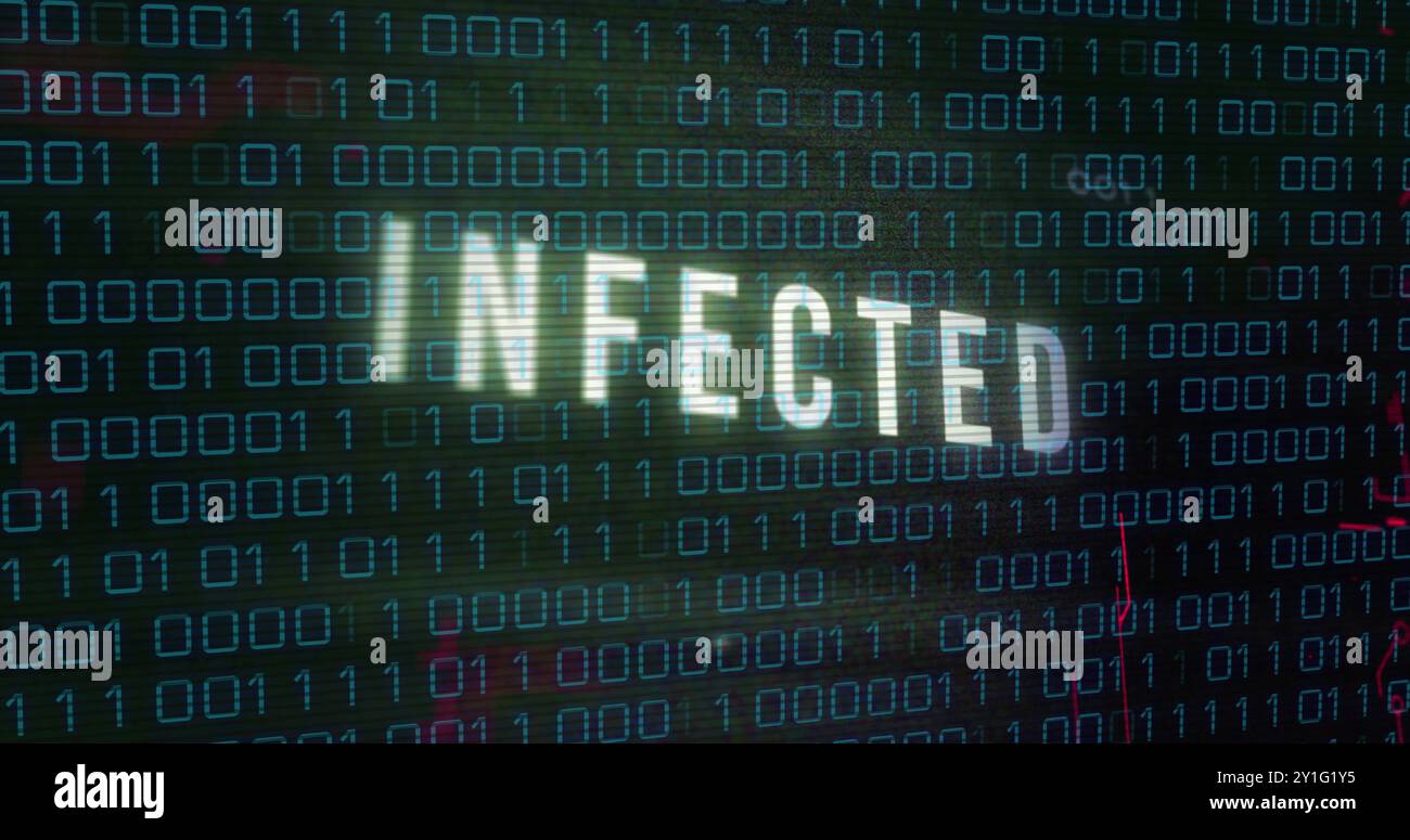 INFECTED text image over binary code background, indicating cybersecurity threat Stock Photo - Alamy