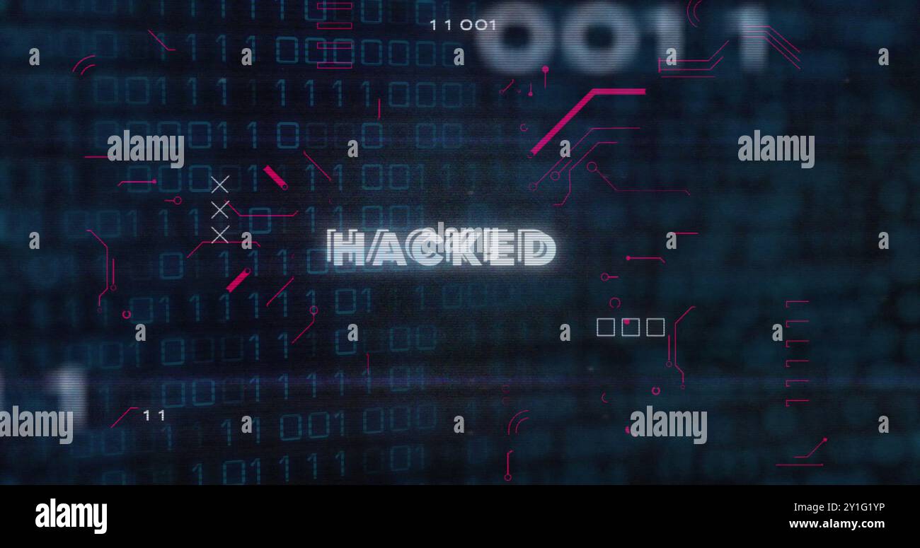 Hacked text image over binary code and digital data background Stock Photo - Alamy