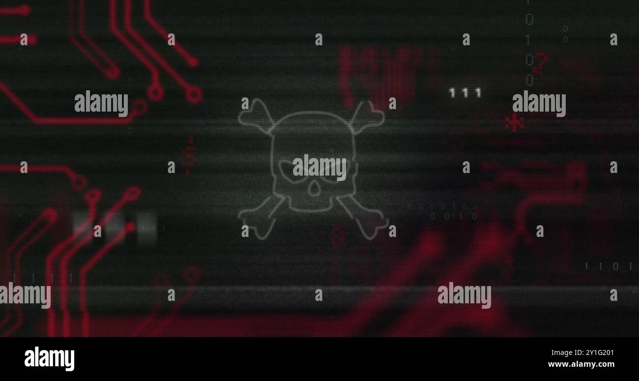 Skull and crossbones image over digital binary code and circuit board ... Skull and crossbones image over digital binary code and circuit board ...