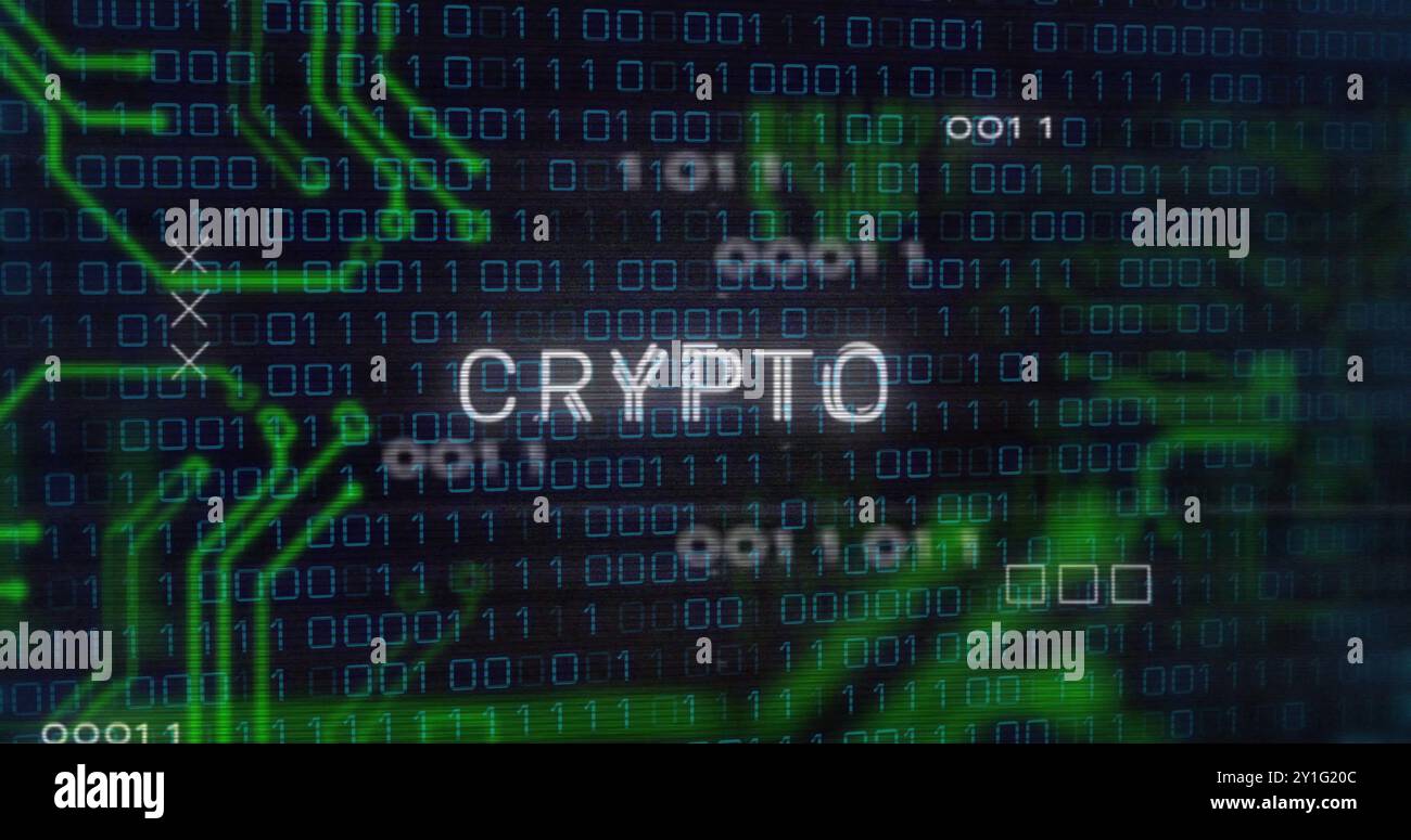 Binary code and CRYPTO text image over digital background Stock Photo ...