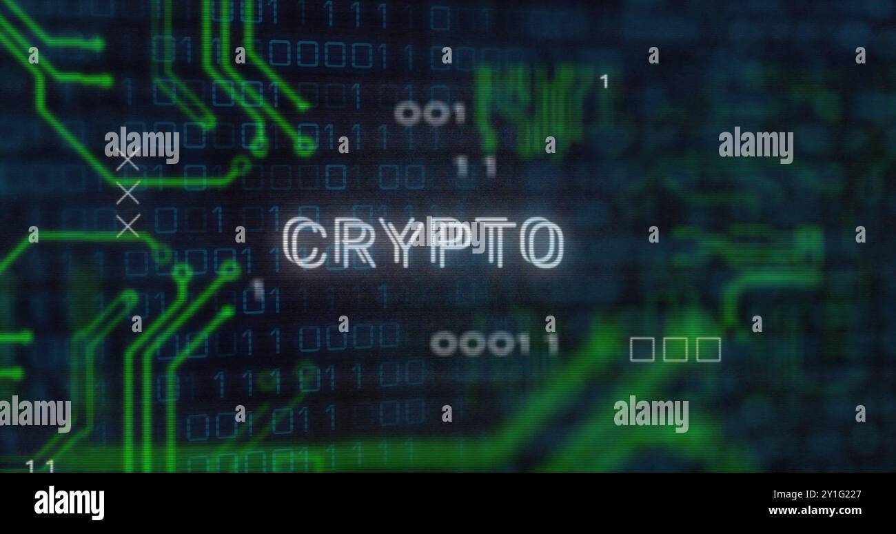CRYPTO text image over binary code and circuit board graphics Stock Photo - Alamy