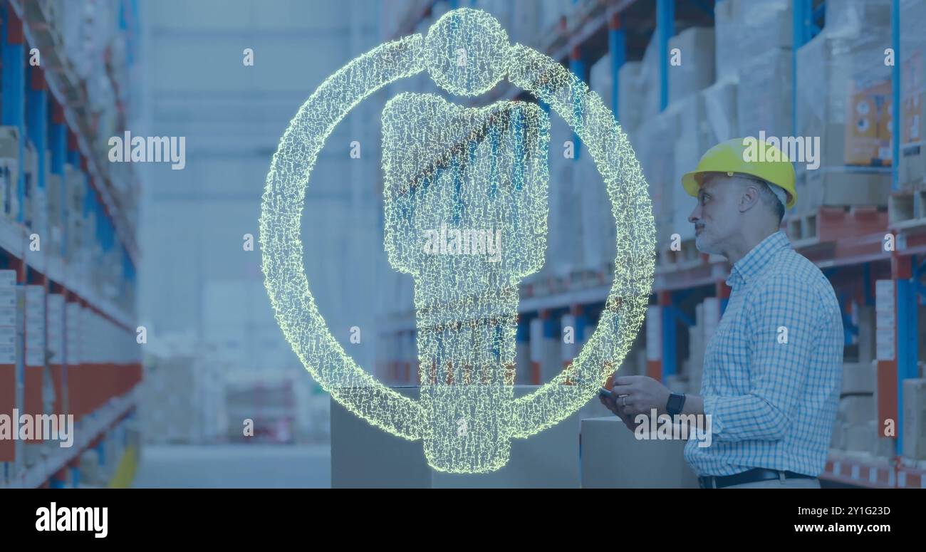 Image of human icon over male worker in warehouse Stock Photo - Alamy