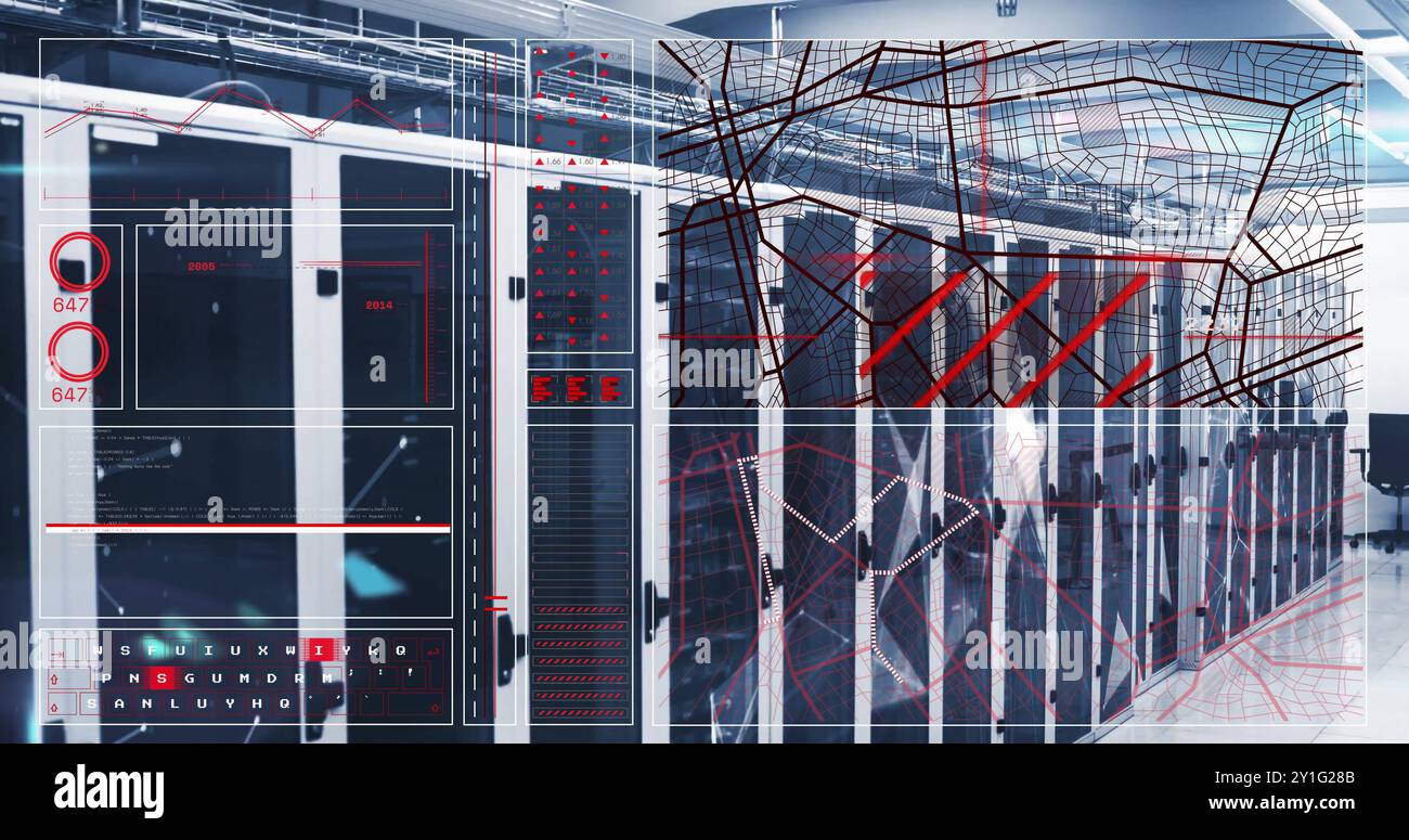 Data processing and network connections image over server room Stock ...