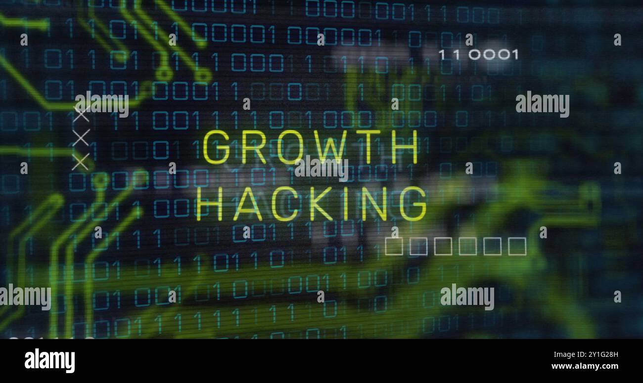 Growth hacking text image over binary code and digital circuit background Stock Photo - Alamy