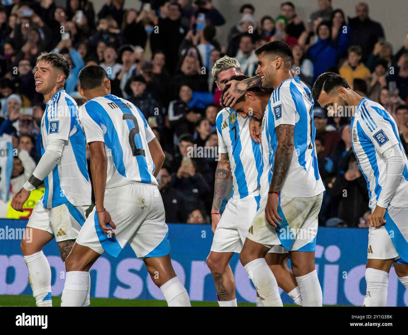 The Argentine national soccer team at the Monumental Stadium playing ...